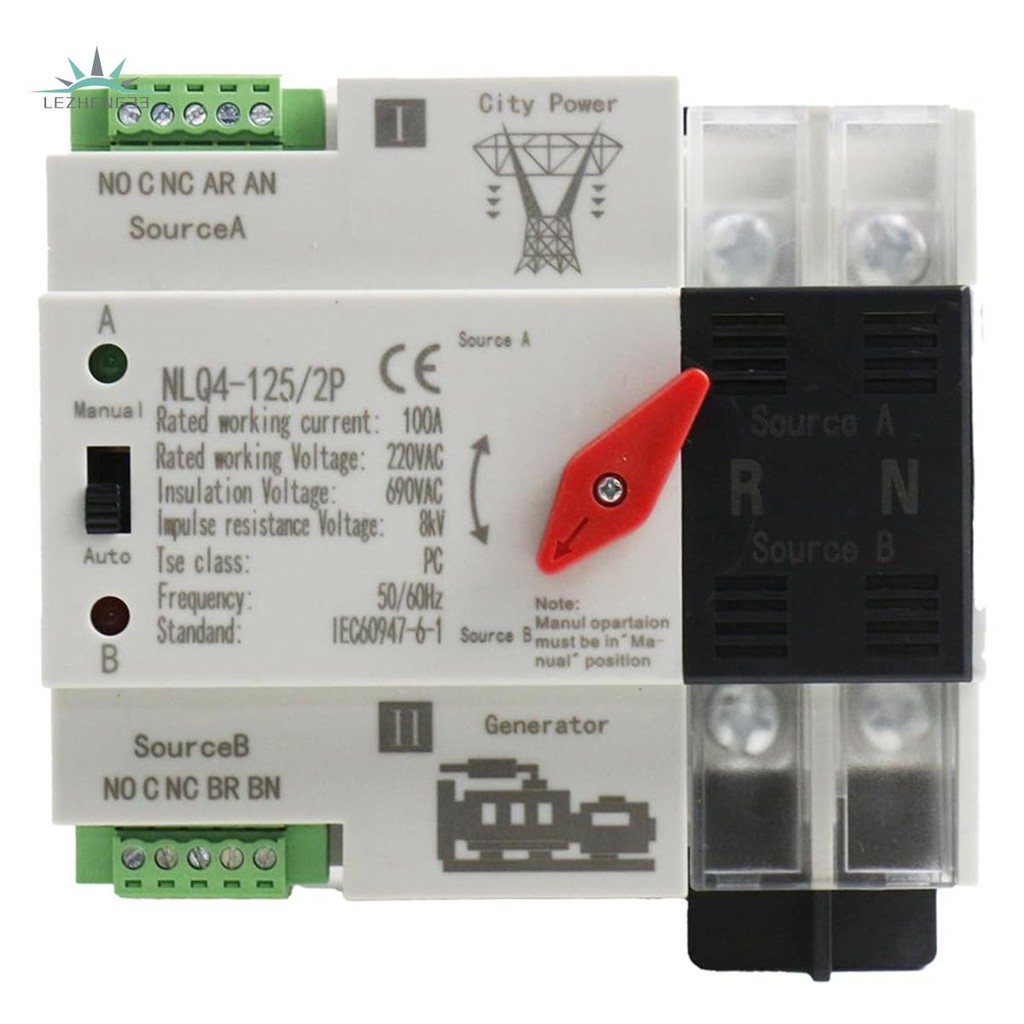 Automatic Transfer Switch 2P 100A Din Rail Mount Dual Power Switch for Generators Electrical ...