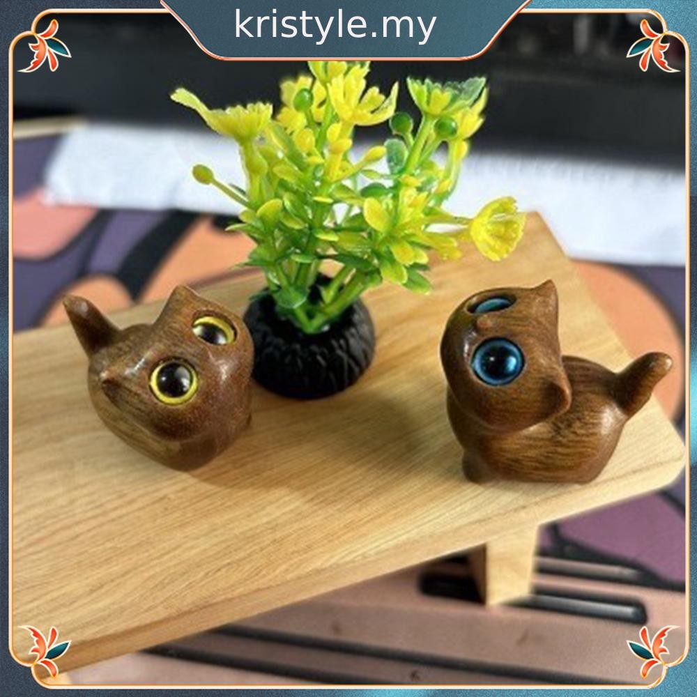 [kristyle.my] Miniature Slanted Head Cat Figurine Handmade Cute Wooden ...