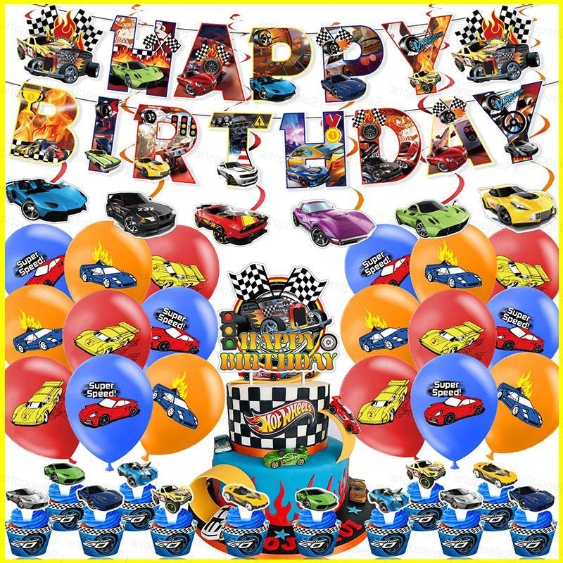 ST2 hot wheels Theme kids birthday party decorations banner cake topper ...