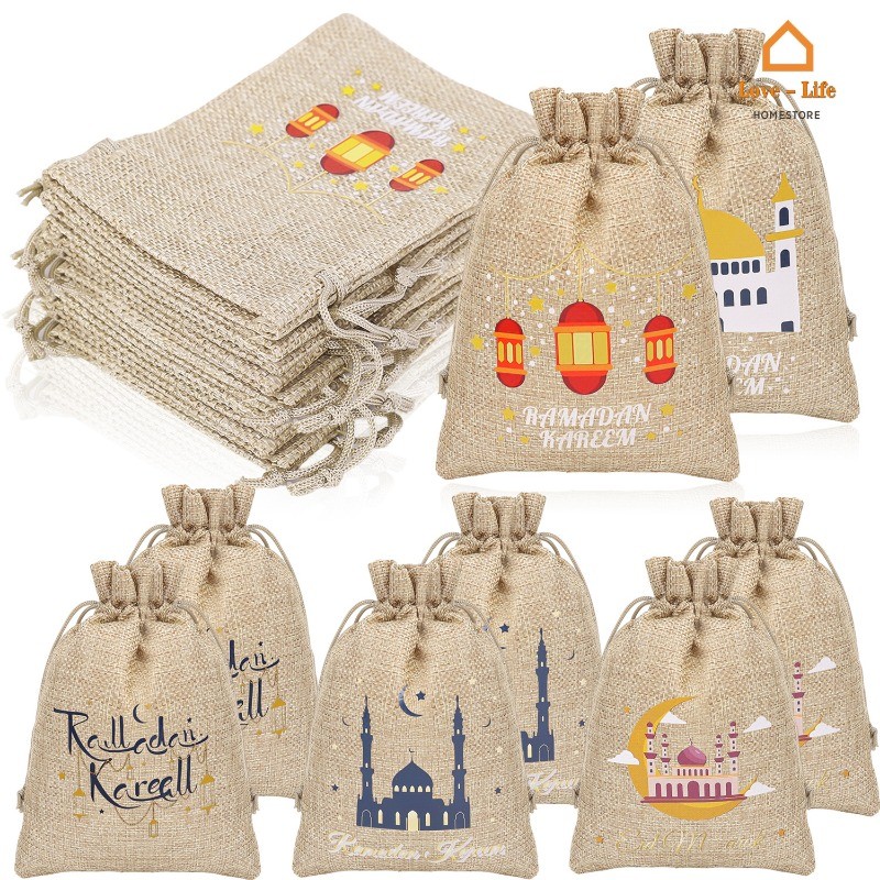 Ramadan Eid Mubarak Linen Cotton Drawstring Bag - Small Gift Storage ...