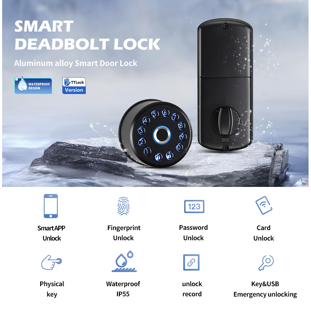 Zemismart Waterproof Deadbolt Lock,TT Smart Lock,Password/Fingerprint/IC Card/APP Unlock,60mm ...