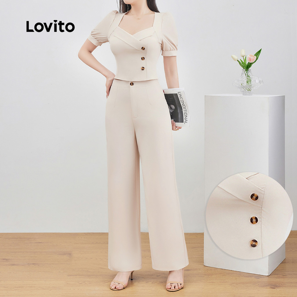 Lovito Elegant Pants Sets Asymmetrical Button Spring/summer Light Khaki ...