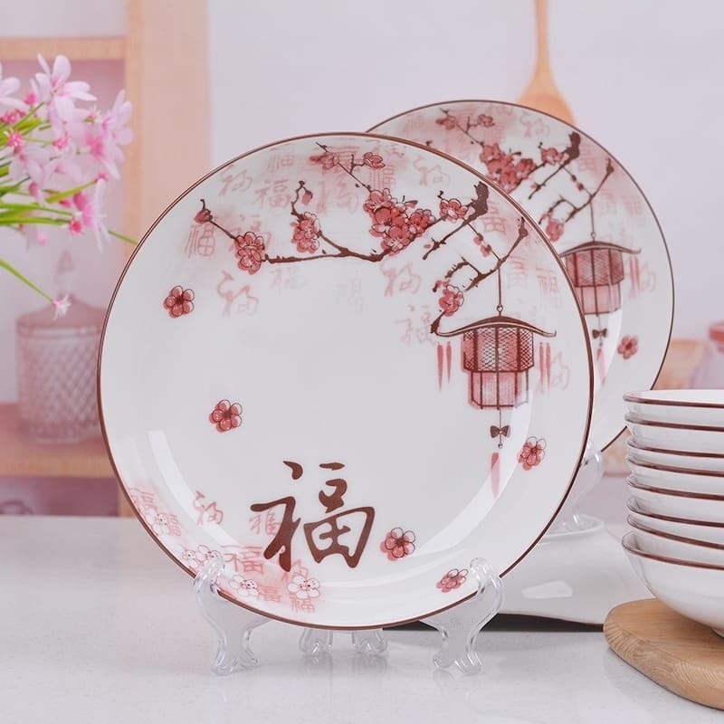 NEW CNY Red Blossom Traditional Design Porcelain Bowl And Plate 中式陶瓷碗碟 ...