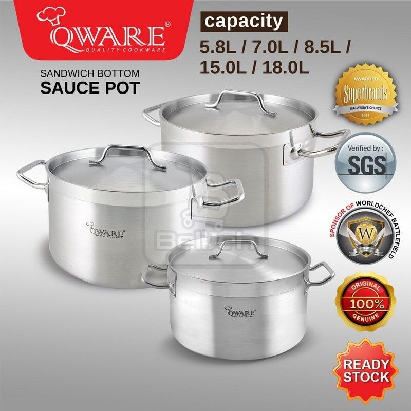 QWARE 3-ply Stainless Steel Sandwich Bottom Sauce Pot with Lid (5.8/7/8 ...