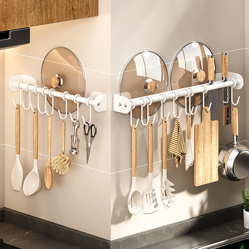 Kitchen Hanging Rod Wall Hanging Rack Pot Hook Perforation-Free Wall ...