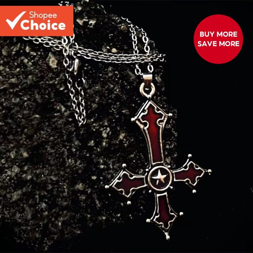 Red Black Gothic Punk Reverse Cross Pendant Vintage Statement Necklace ...