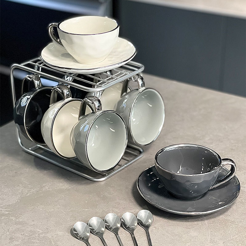 Cawan mug tembikar piring cawan kopi mewah ringan, set cawan kopi tepi ...