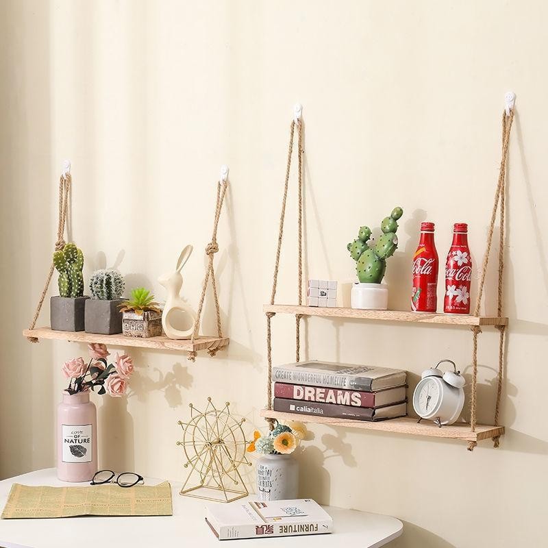 Ins Simple Perforation-Free Hemp Rope Flat Partition Solid Wood Storage ...