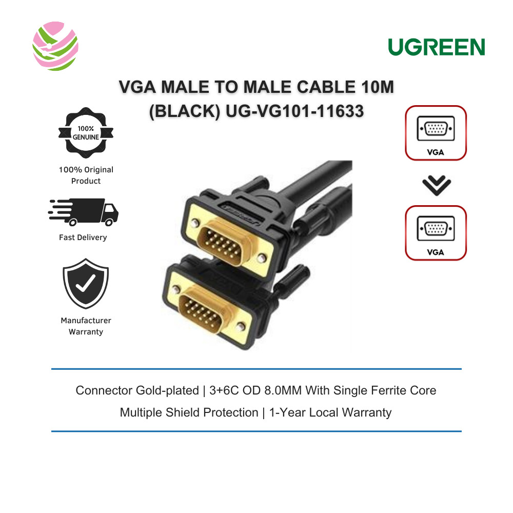 UGREEN VGA MALE TO MALE CABLE MULTIPLE SHIELD PROTECTIONS 10M (BLACK ...