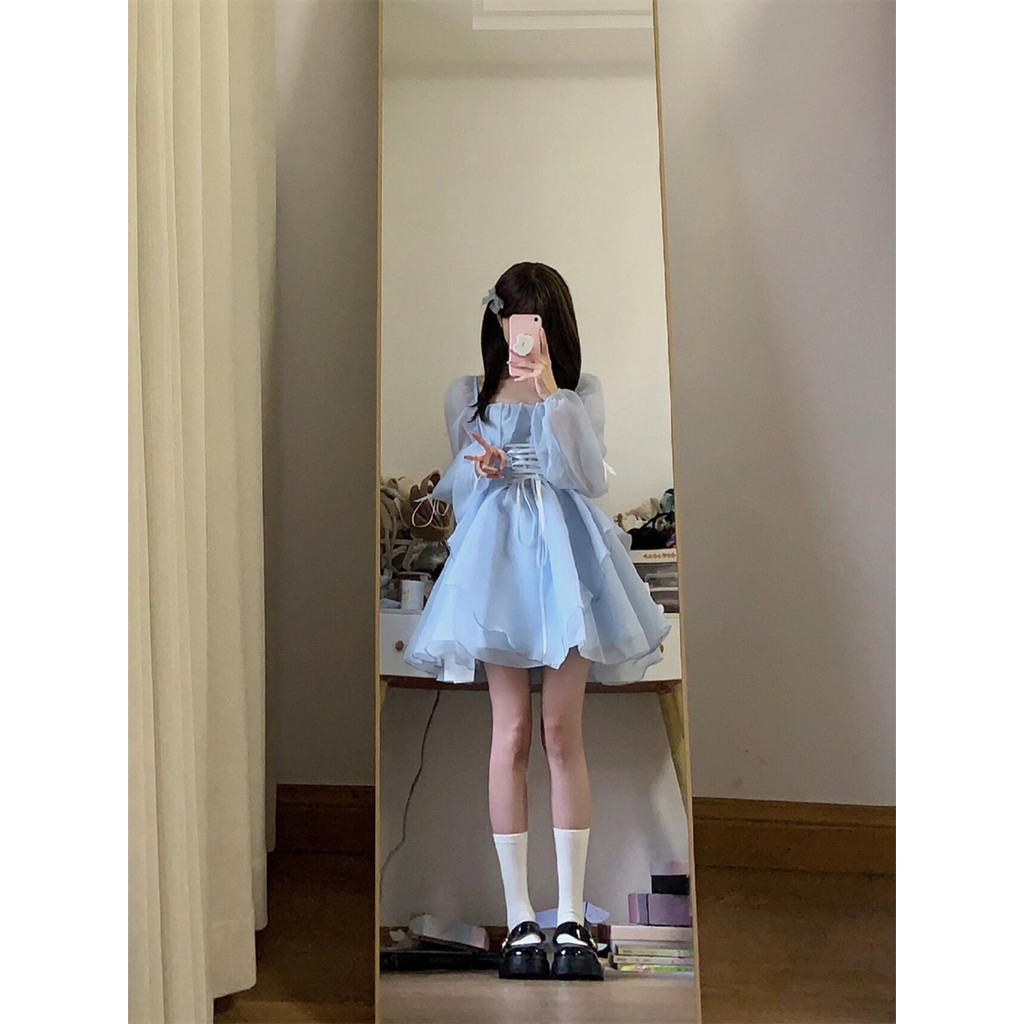 Gaun lengan puff reka bentuk tali ikat manis dan pengurangan umur musim ...