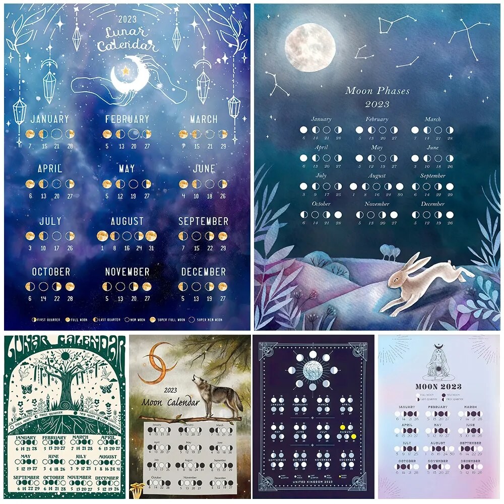 Lunar Calendar Moon Phases Wall Art Canvas Painting Chart Poster Print ...