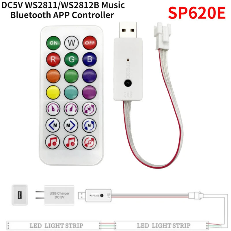 DC5V WS2811/WS2812B Music Bluetooth APP Controller SP620E USB Plug with IR 21Keys Remote Control ...