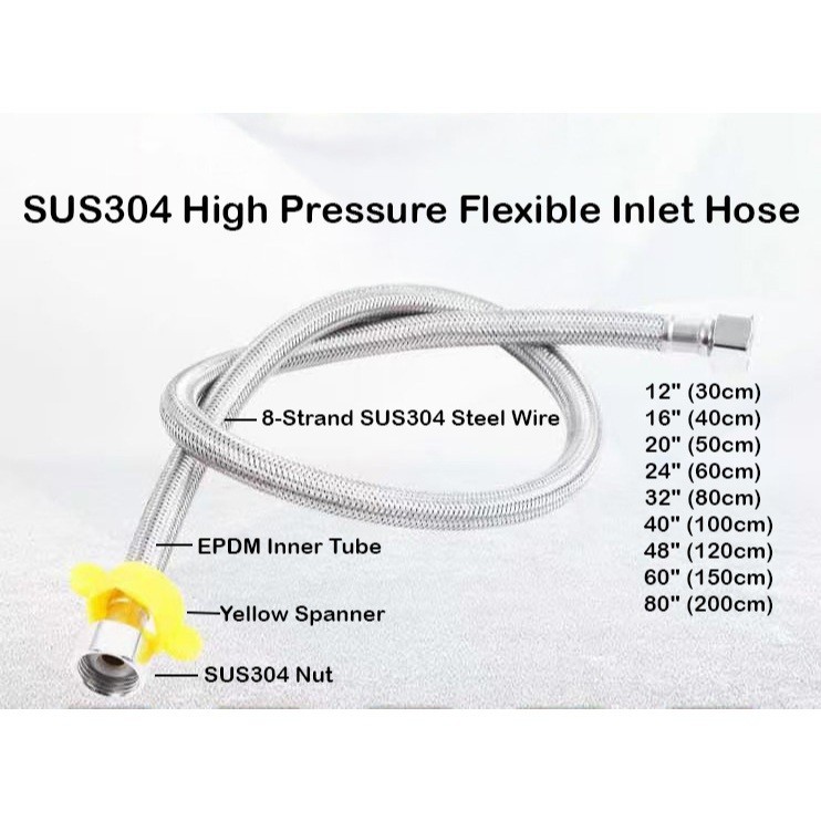SUS304 High Pressure Flexible Inlet Hose 12"-80" (30cm-200cm) | Shopee ...