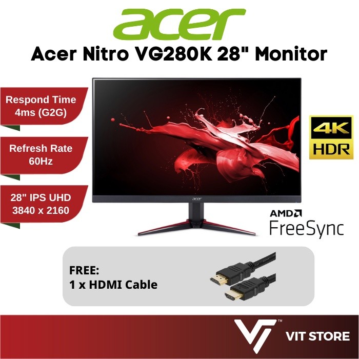 Acer Nitro VG280K 28" 60Hz 4K UHD Gaming Monitor (IPS, 3840 x 2160, 4ms, HDMI, DP) VG280K B ...