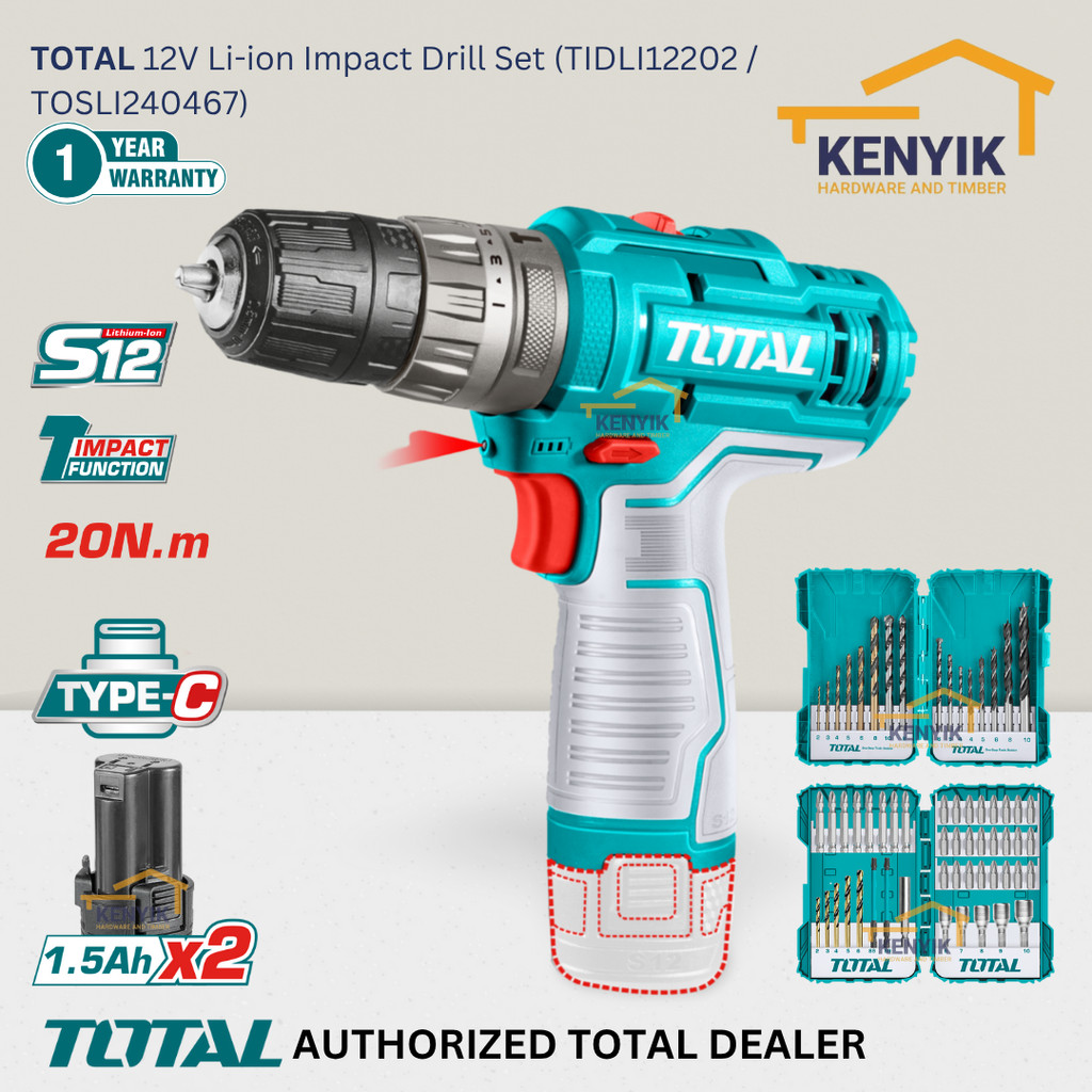 TOTAL 12V Li-ion Impact Drill Set (TIDLI12202 / TOSLI240467) | Shopee ...