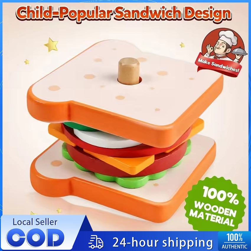 Stacking Toy Wooden Hamburger Sandwich Pretend Play Kitchen Montessori ...