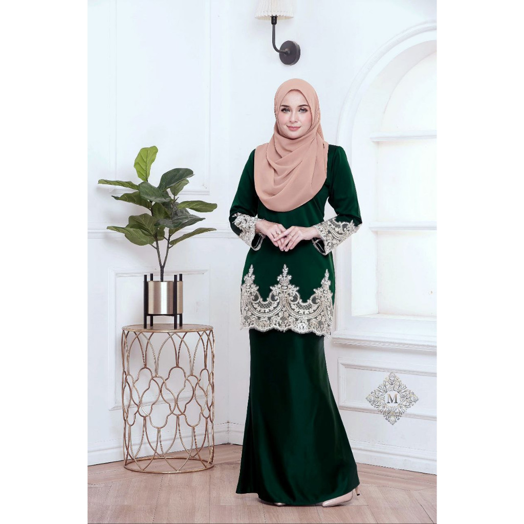 BAJU RAYA 2025 SET COUPLE EMERALD GREEN LACE BAJU KURUNG MODEN KEBAYA ...