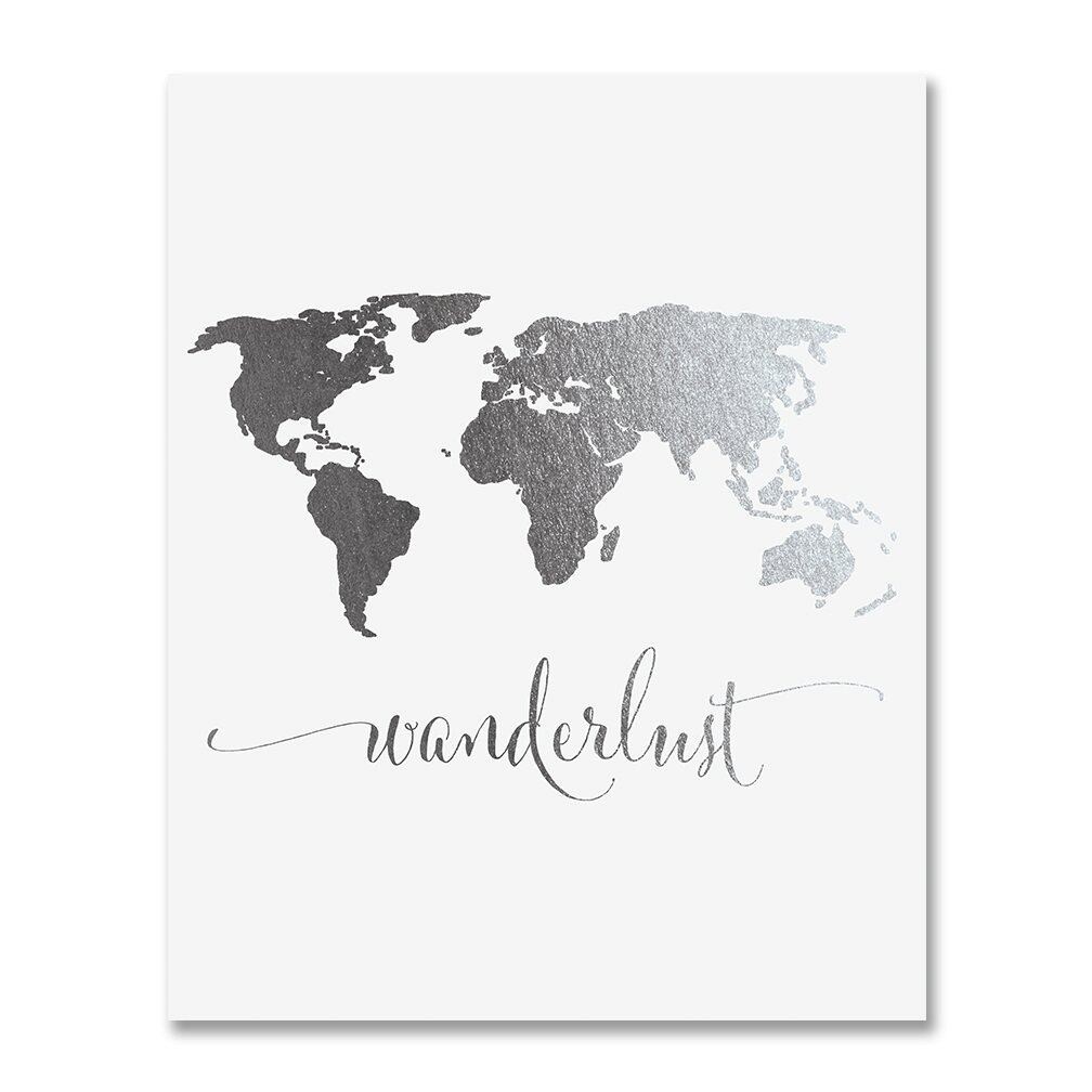 Wanderlust World Map Silver FArt Print Travel World Traveler Poster ...