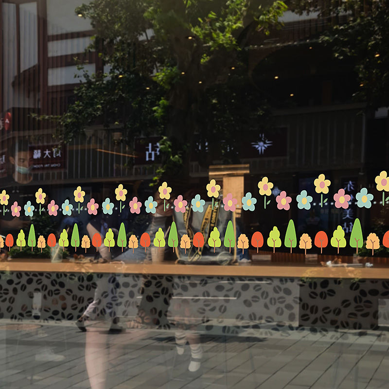 Cartoon Flowers and Plants Anti-collision Glass Stickers Shopping Mall ...