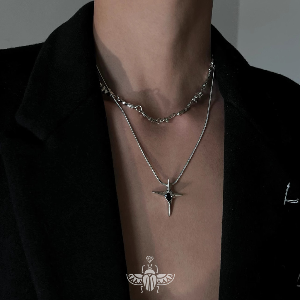 Double layered chain asymmetrical necklace with niche design, trendy ...