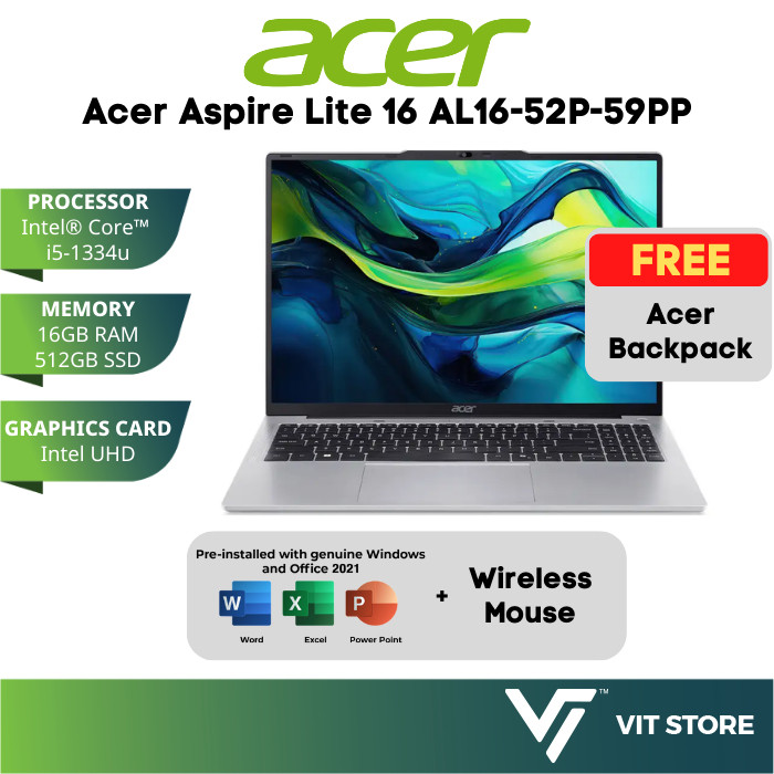 ACER ASPIRE LITE 16 AL16-52P-59PP GRAY i5-1334U Intel UHD 16GB DDR5 512GB NVMe SSD 16" WUXGA W11 ...