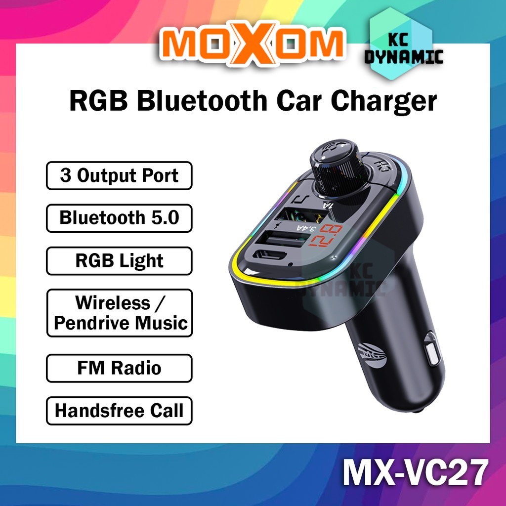 Moxom MX-VC27 Car Charger RGB FM Radio Handfree Call Bluetooth Music ...