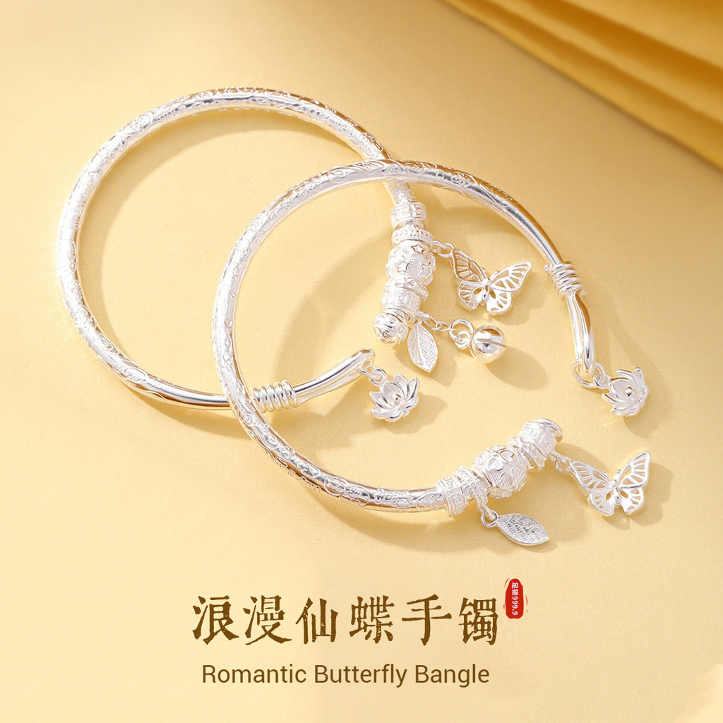 JF Romantic Butterfly Bracelet 999 Silver Solid Bangle Female Jewelry ...