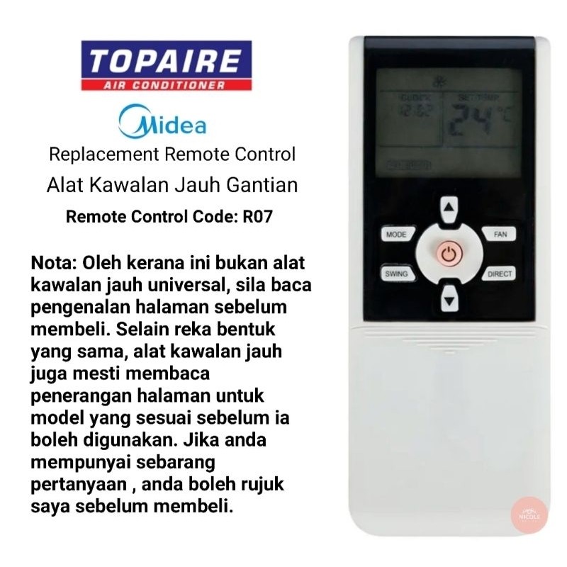 Compatible Topaire/ Midea air conditioner Replacement Remote Control ...