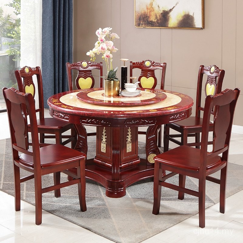 Set Meja Makan dan Kerusi Marmar Gaya Cina Meja Bulat Kayu Pejal dengan ...