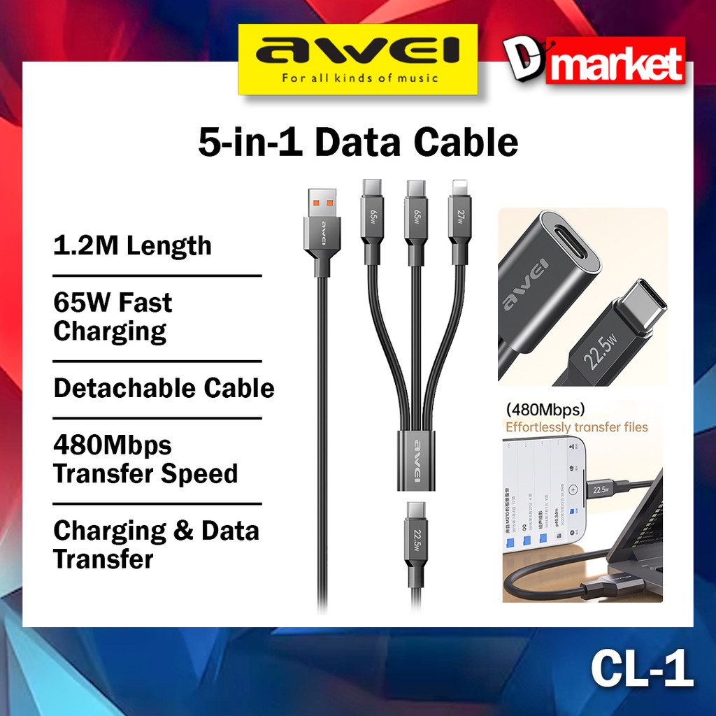 Awei CL-1 5-in-1 Multi Functional Data Cable Fast Charging Cable USB Cable CL-71 Mobile Cable ...
