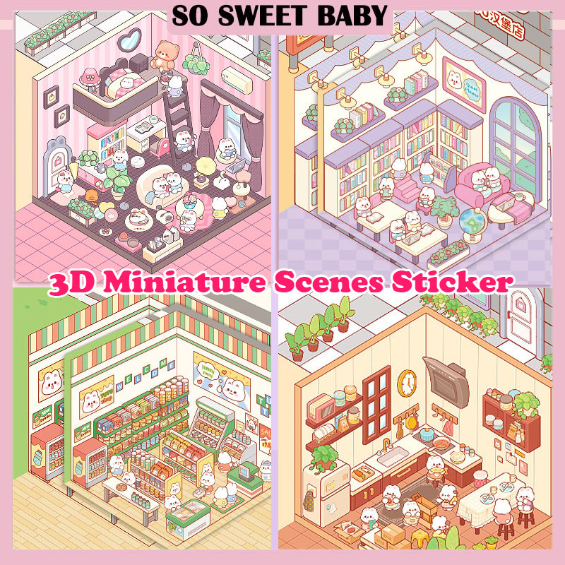 3D Miniature Scenes Sticker Landscape Sticker Cute Kitchen Library ...