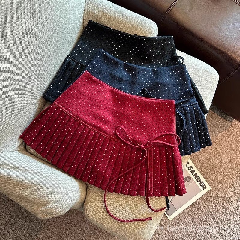 Preppy Style Polka Dot A-Line Pleated Skirt - Red - Small Size | Shopee ...