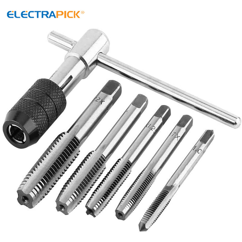 6 Pcs Tap Wrench Tool Set Adjustable T-Handle Ratchet Tap Holder Wrench Machine Screw Thread ...