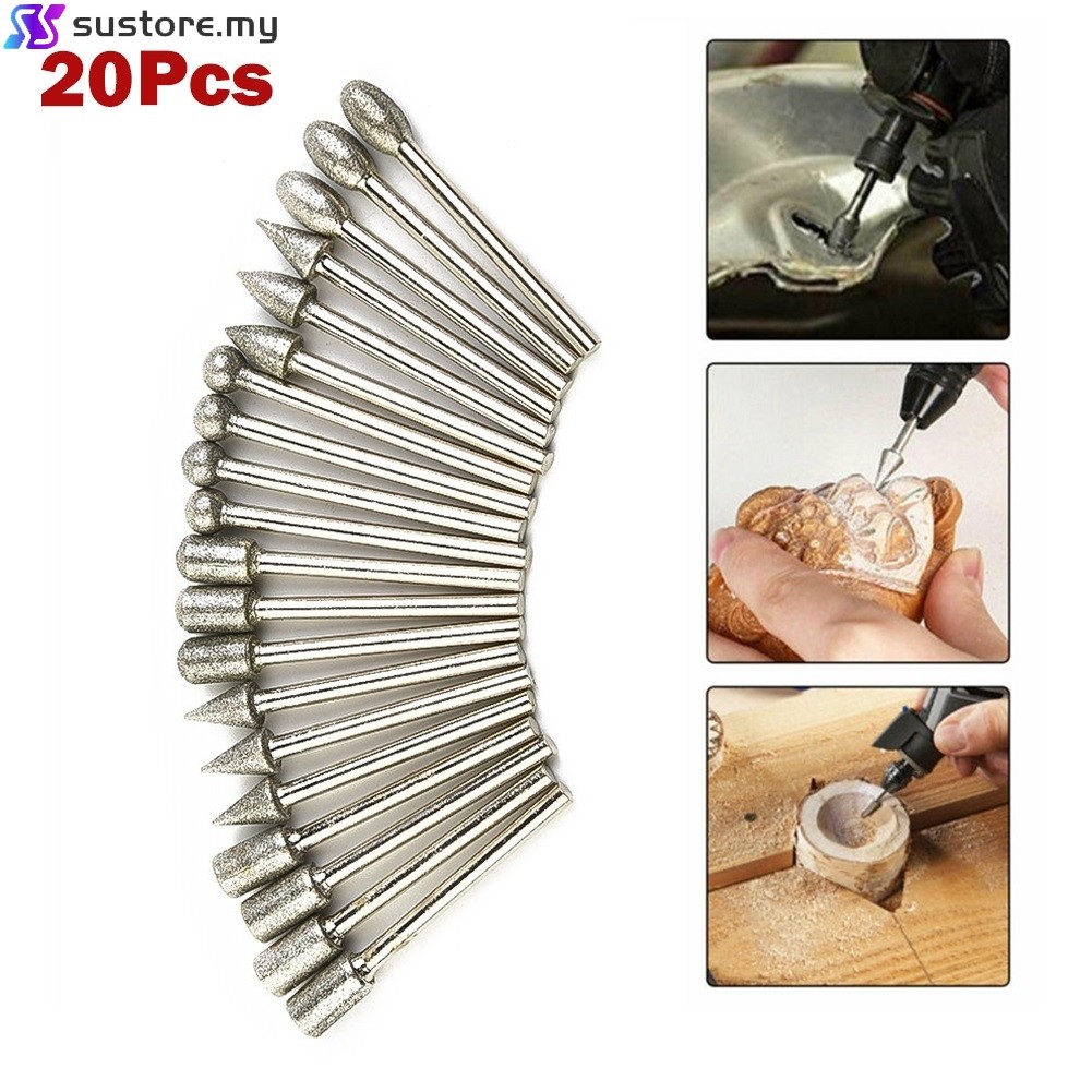 [Super] 20pcs 3mm Shank Diamond Burr Set Drill Bits for Rotary Tool ...