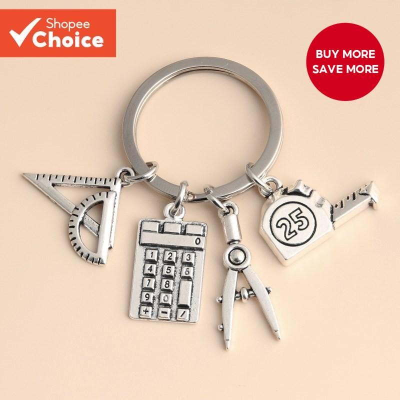New Study Keychain School Supplies Key Ring Ruler Computer Compass Tape ...