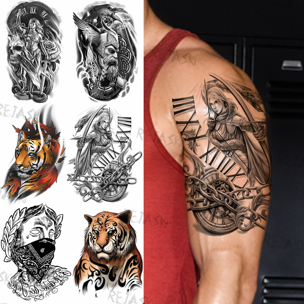 Realistic Samurai Compass Chain Fake Tatoos For Men Women Tiger Masked ...