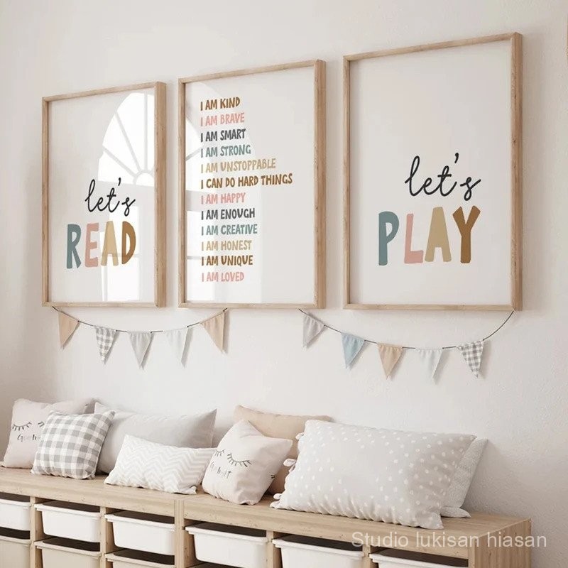 3pcs Let's Play Let's Read Positive Affirmations Wall Art Canvas ...