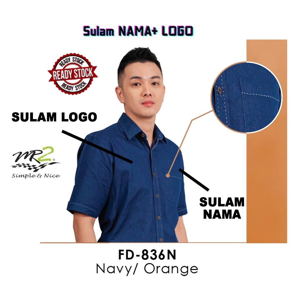 BAJU KORPORATE DENIM TERBARU BIRU GELAP PIPING OREN (FD-836N) PENDEK ...