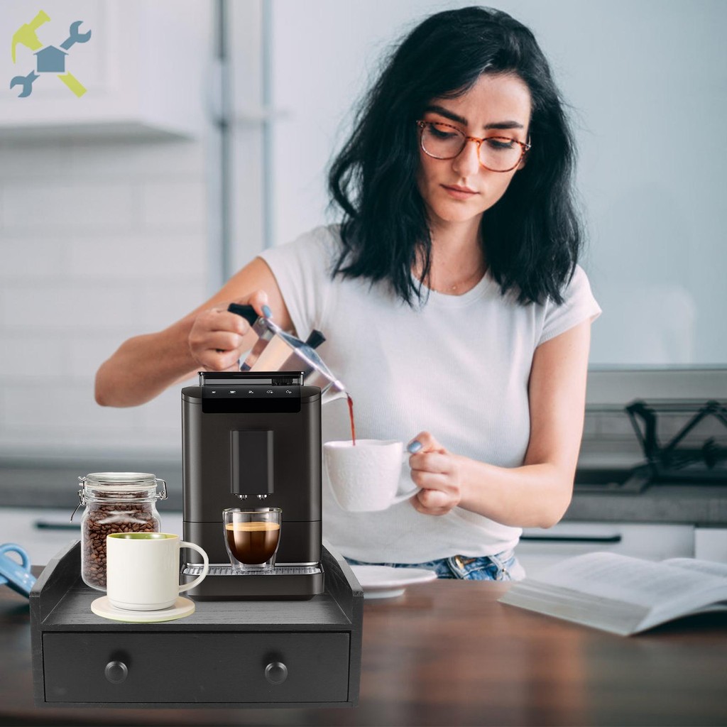Wood Countertop Coffee Bar Organizer with Drawer Large Capacity Coffee ...