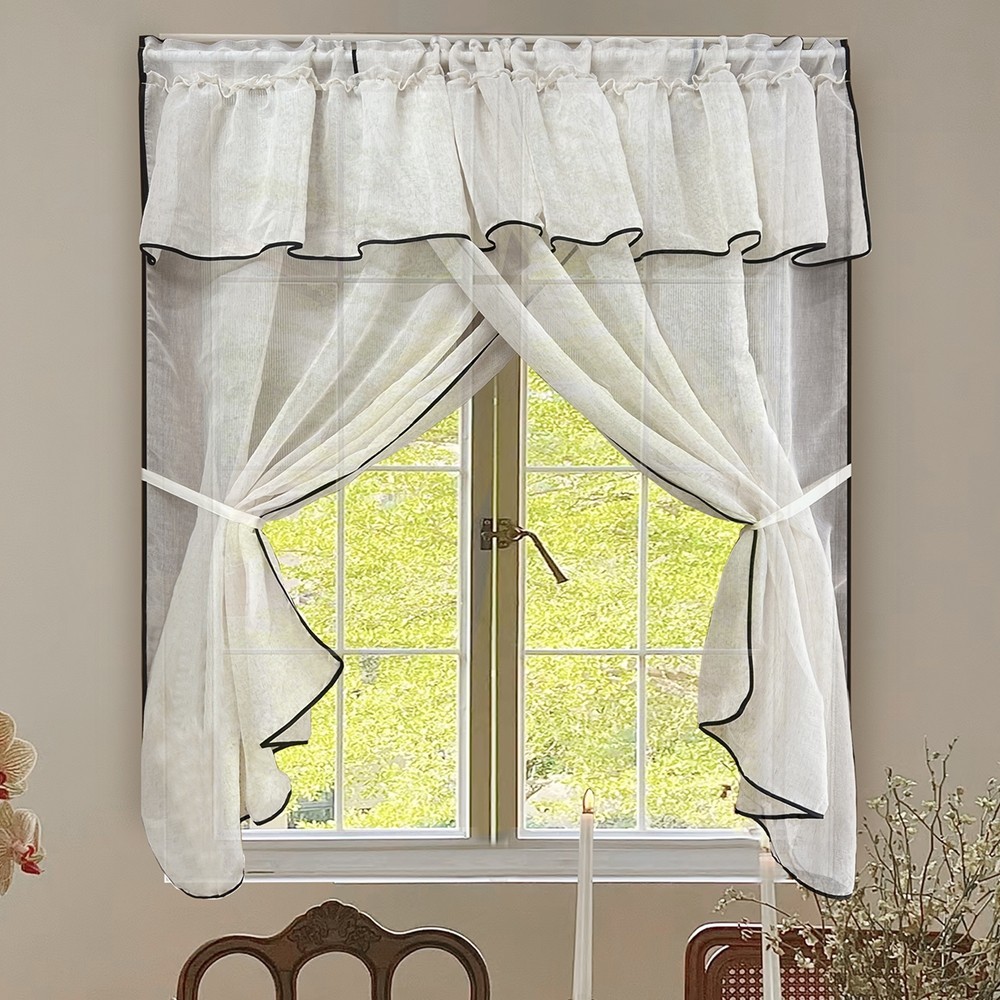 Solid Linen Textured Boho Sheer Curtain 2Pcs Crossed with Topper ...