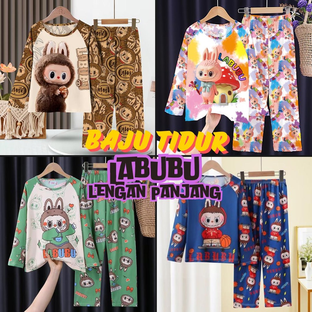 (Set B) LABUBU Unisex Long Sleeves Kids Cartoon Pyjamas Baju Tidur ...