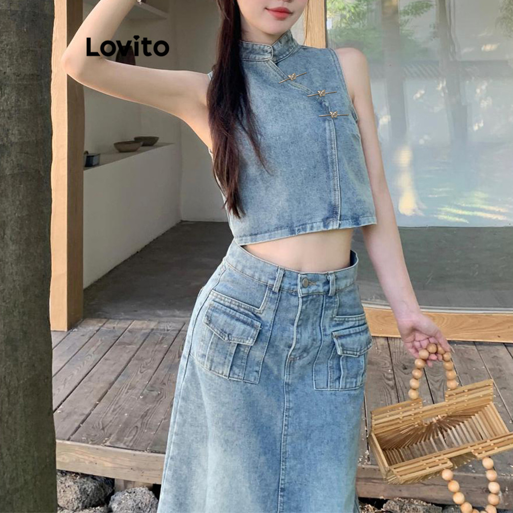 Lovito Casual Plain Pattern Denim Top for Women LNA68126 (Multi-color ...