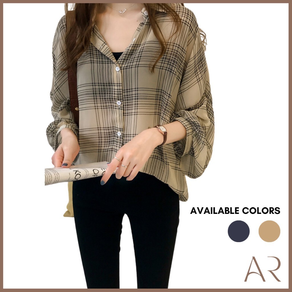 Aaraya Outerwear Women Blouse Plaid Checkered Long Sleeve Baju Kotak ...