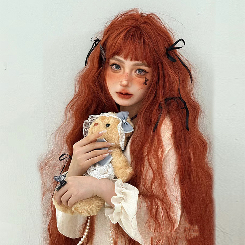 Mori Style Super Long Hair Set Orange Red Long Curly Hair Female lolita ...