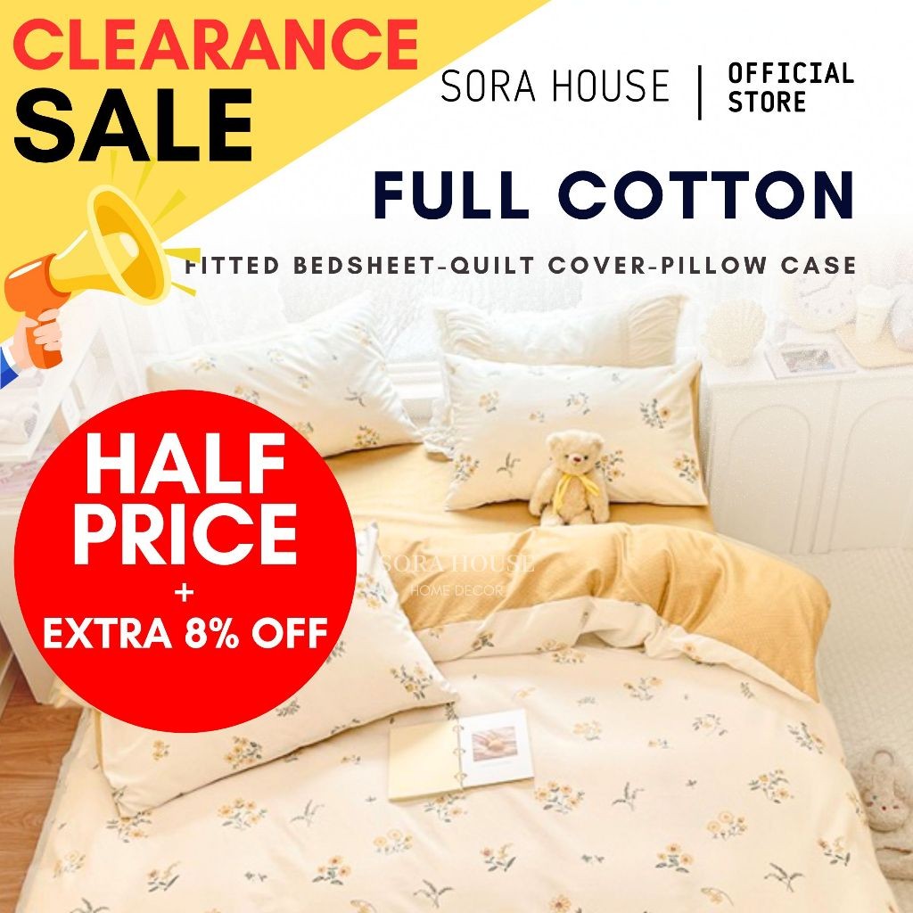SORA Floral Design Bedding 100% Pure Cotton Quilt Cover Fitted Bedsheet Set 4-IN1 QUEEN / KING ...