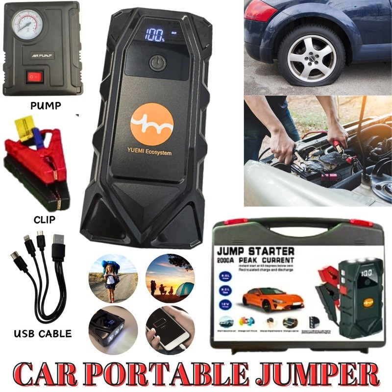 Jump Starter With Tire Pump Pam Tayar Elektrik Jumper Charger Kereta ...