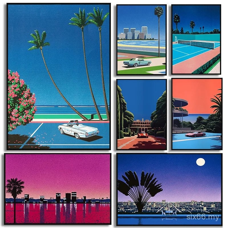 Retro Hiroshi Nagai Vaporwave Japanese Tropical Beach City Car Poster ...