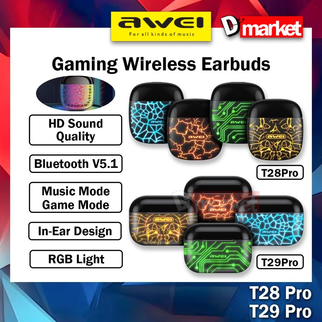 Awei T28 Pro Wireless Earbuds RGB Gaming Earbuds Awei T29 Pro Awei ...