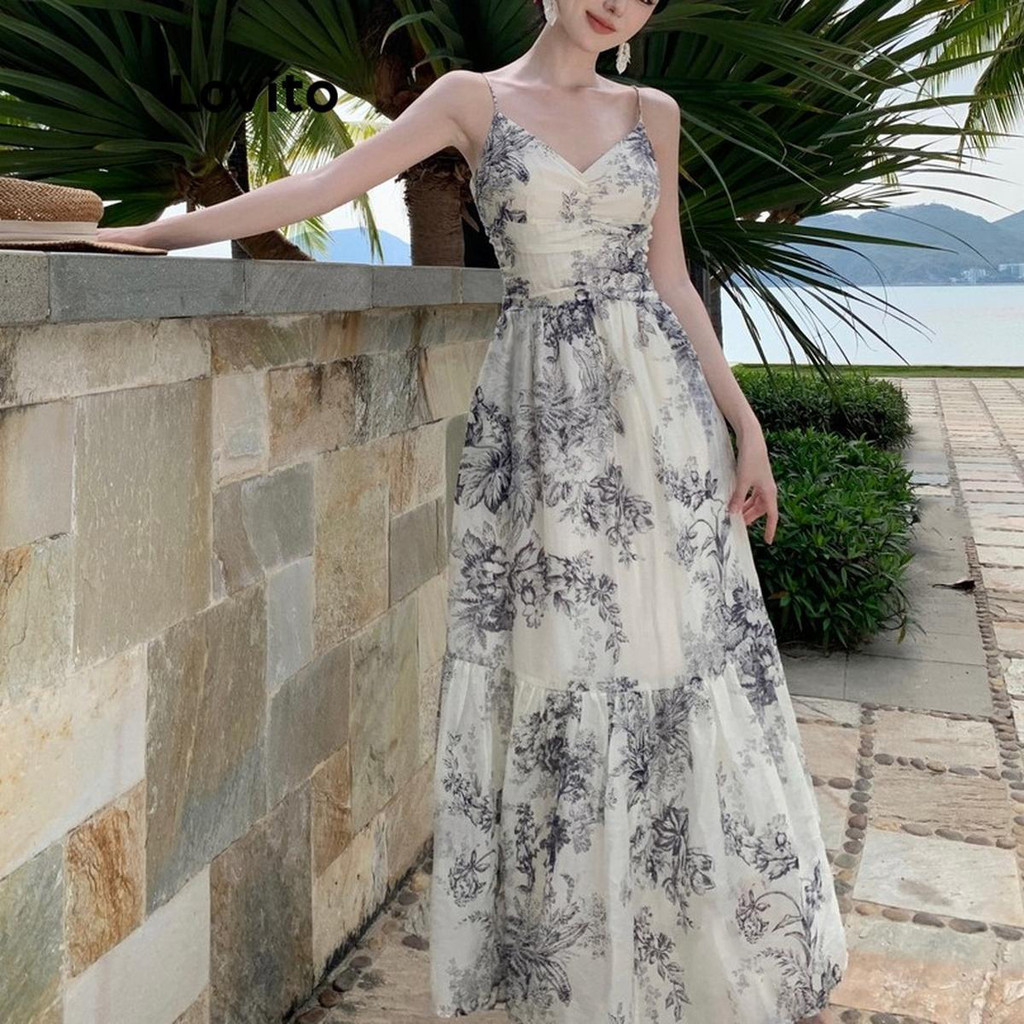 Lovito Casual Dress Ditsy Floral Draped Structure Line Summer Dress for ...