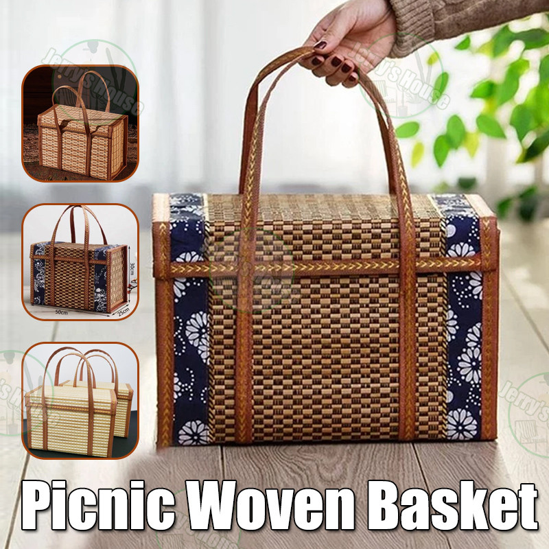 Picnic Woven Basket Food Handle Rattan Grass Bamboo Basket Bakul Rotan ...